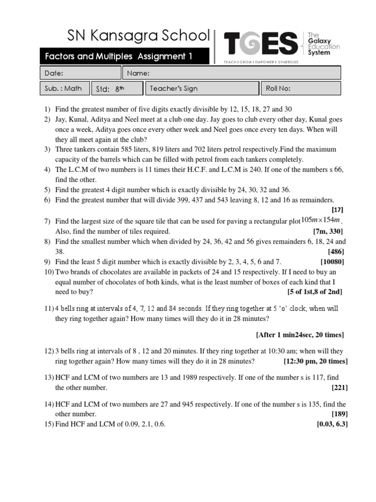 Factors And Multiples 3 Assignment 1 And 28 Download Free Pdf