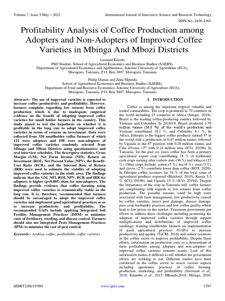 Profitability Analysis of Coffee Production Among Adopters and Non ...