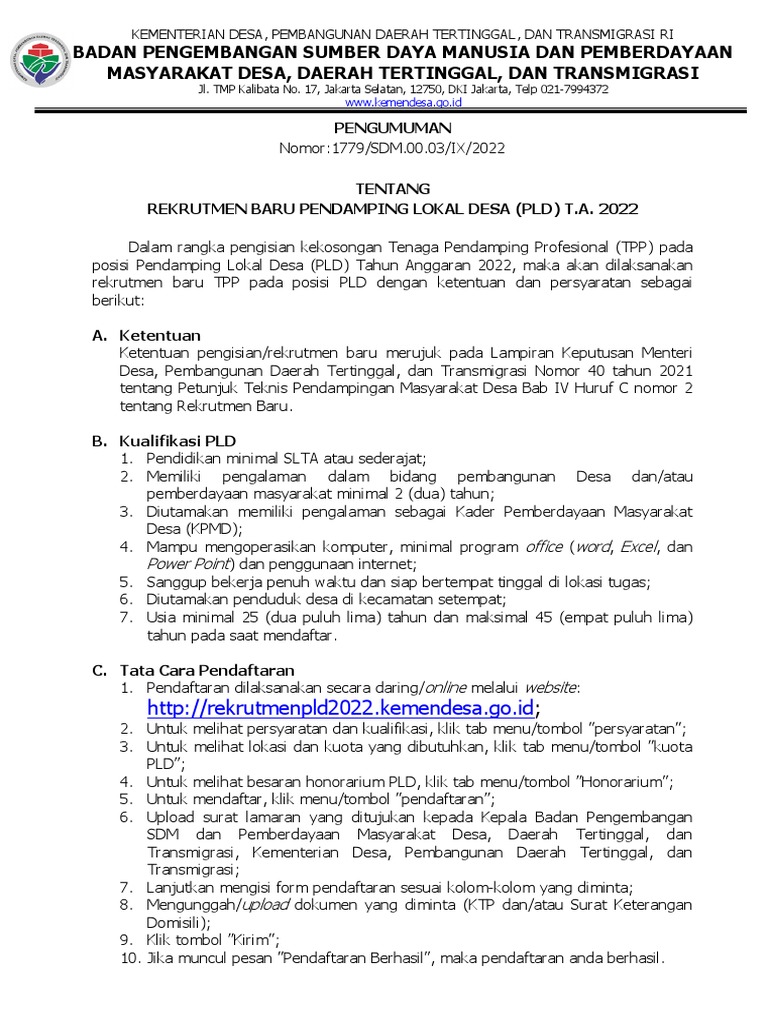 Pengumuman Rekrutmen Baru PLD TA. 2022 | PDF
