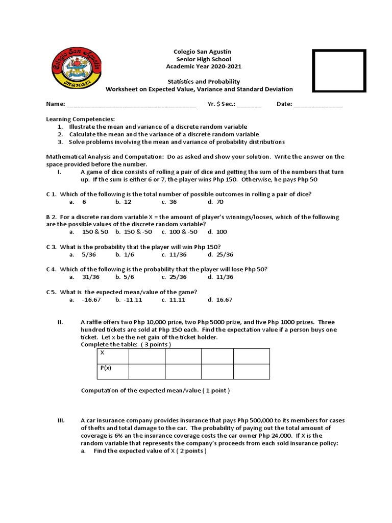 Worksheet On Expected Value Variance and Standard Deviation | PDF ... Worksheet On Expected Value Variance and Standard Deviation | PDF ...