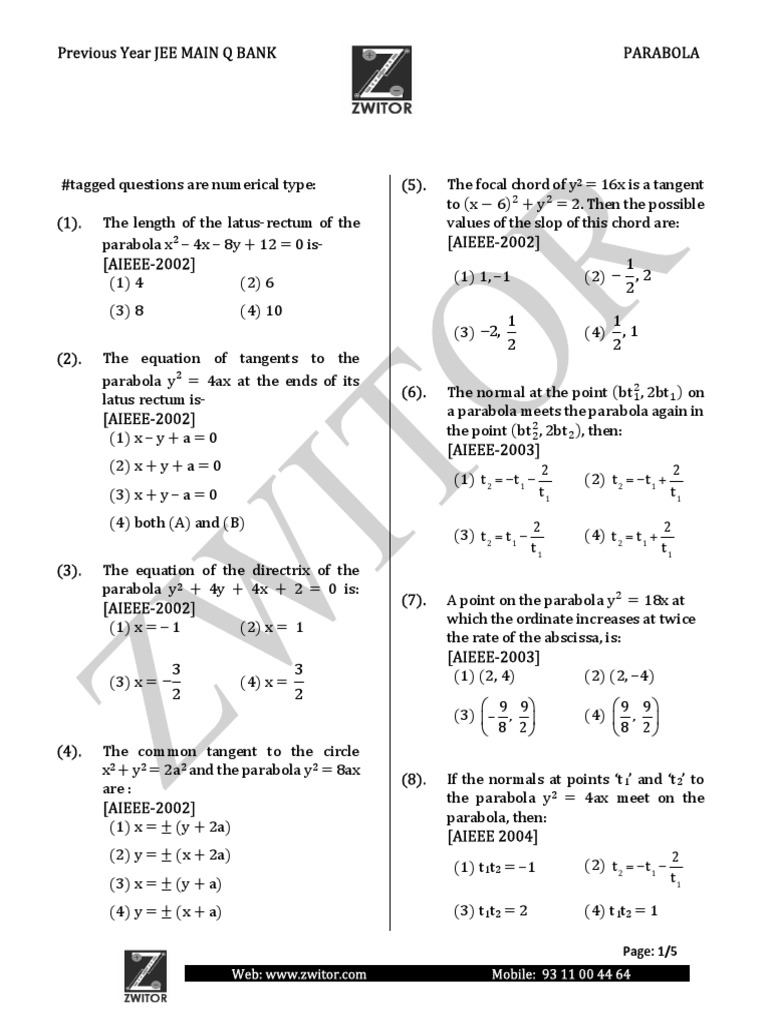PARABOLA JEE MAIN Previous Year Q Bank Till 2017 | PDF | Elementary Mathematics | Mathematical ...
