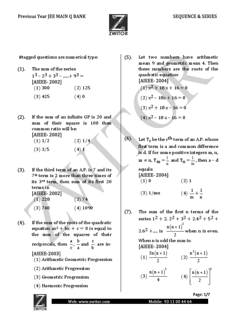 SEQUENCE & SERIES JEE MAIN PREVIOUS YEAR Q BANK Till 2017 | PDF | Elementary Mathematics ...