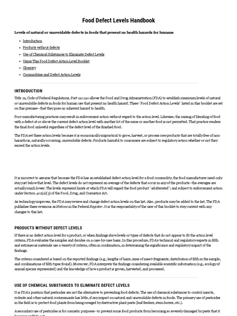 Food Defect Levels Handbook US FDA | PDF | Food And Drug Administration ...
