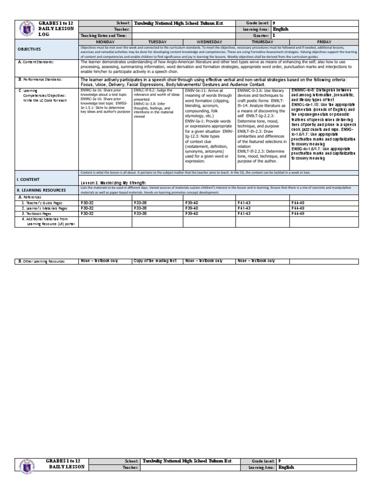 Eng9 DLL Week1 | PDF | Learning | Teaching Method