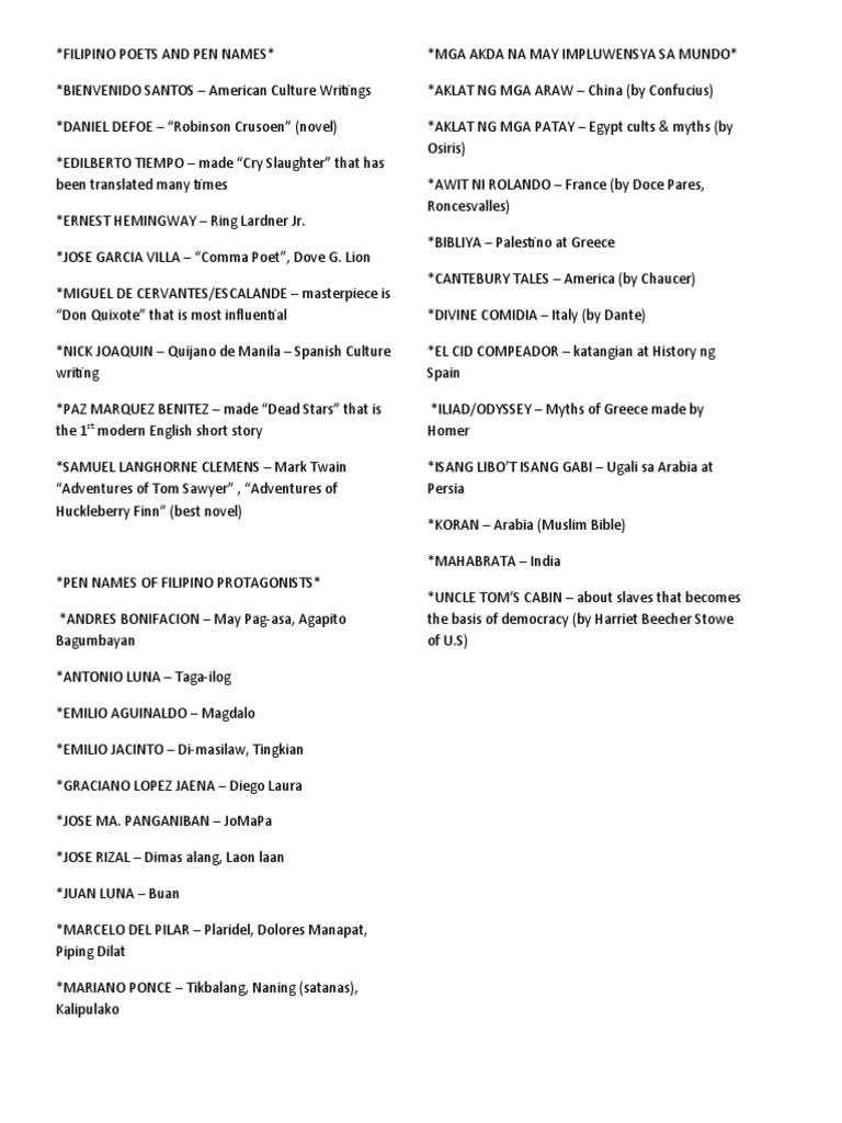 Filipino Writers & Pen Names | PDF | Classics