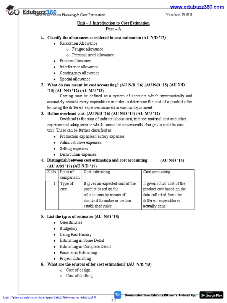 ME8793 Process Planning and Cost EStimation UNIT 3 QB | PDF | Cost | Expense