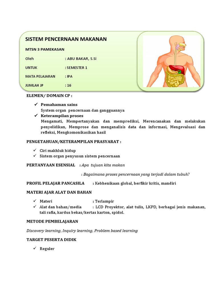 Modul Ajar Sistem Pencernaan Makanan | PDF Modul Ajar Sistem Pencernaan Makanan | PDF