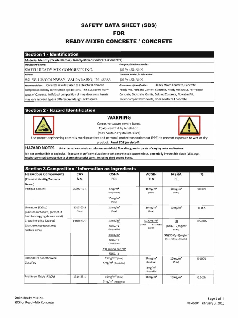 Safety Data Sheet For Ready Mix Concrete | PDF | Concrete | Resource Conservation And Recovery Act