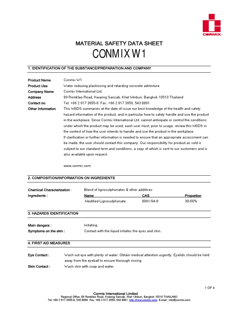 Conmix W1 Material Safety Data Sheet | PDF | Water | Chemical Substances