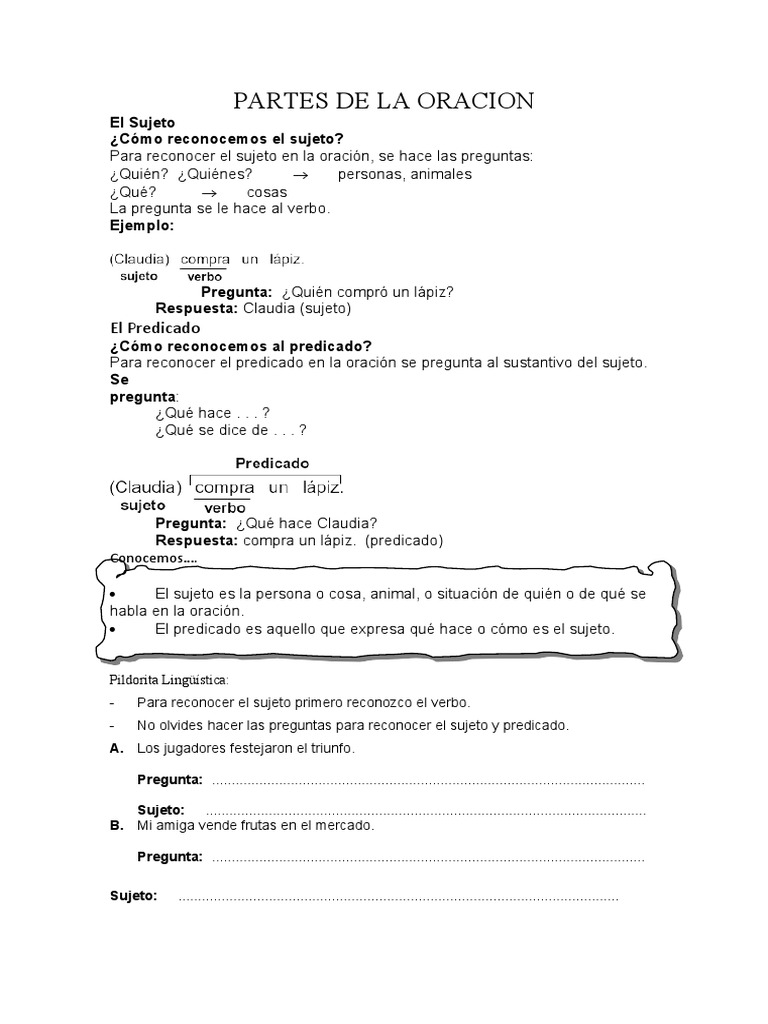 Partes de La Oracion | PDF | Asunto (gramática) | Predicado (Gramática)