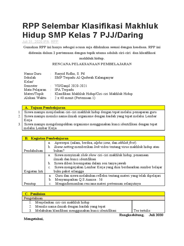 RPP Selembar Klasifikasi Makhluk Hidup SMP Kelas 7 PJJ | PDF