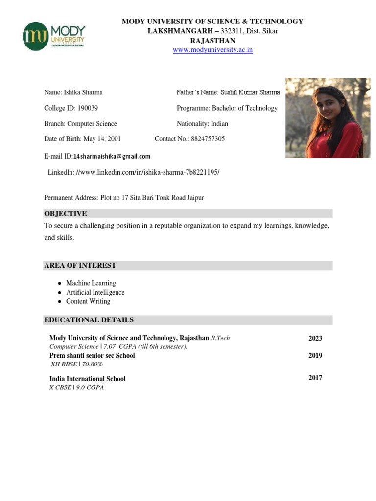 Ishika Sharma Modyresume | PDF | Computing | Computer Science