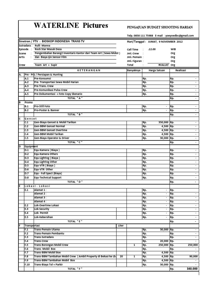 Contoh Pengajuan Budget Shooting Sinematografi | PDF