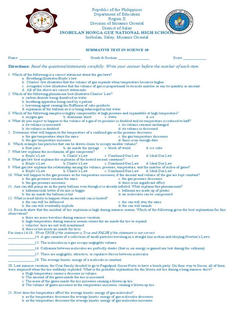 Grade 10 Science 4th Quarter Exam | PDF | Gases | Carbohydrates