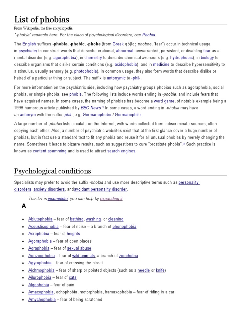 Comprehensive Phobia List | PDF | Phobia | Fear