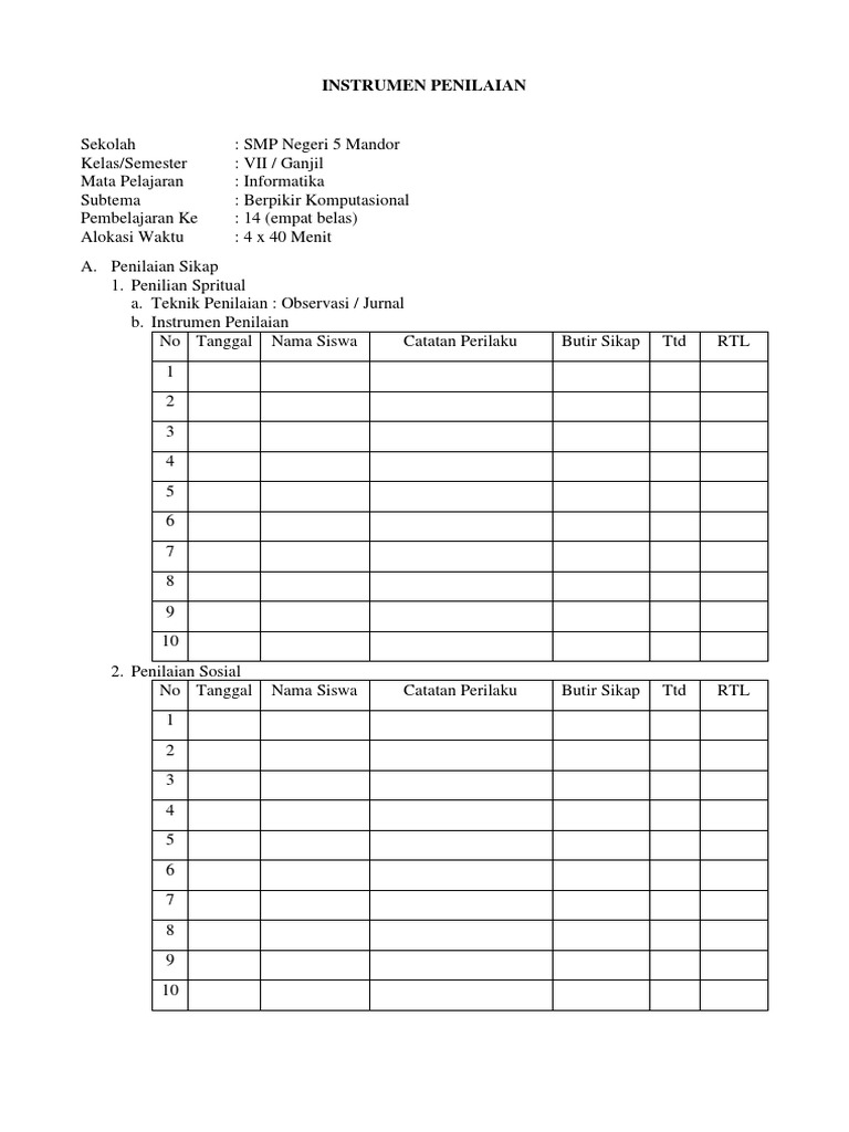 Kisi-kisi-Instrumen & Rubrik Penilaian | PDF