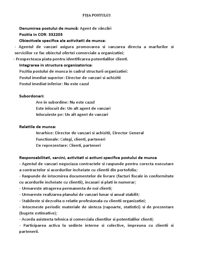 Fisa Post Agent Vanzari | PDF