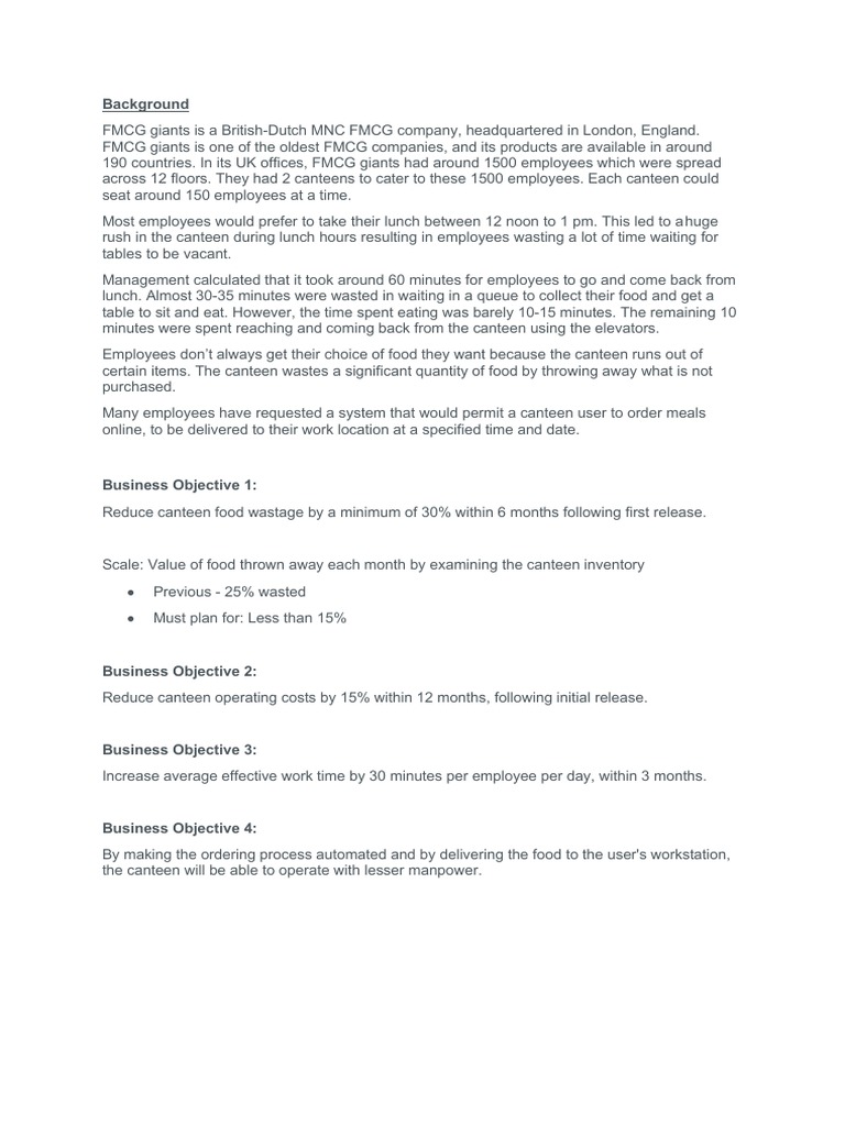 FMCG Giants Canteen Ordering System Case Study | PDF | Menu | Cafeteria