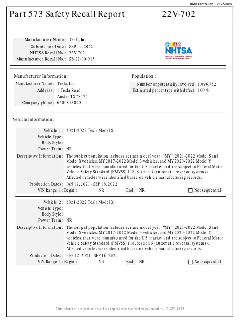 Tesla Vehicle Safety Recall For Pinching Windows | PDF | Tesla Model S ...