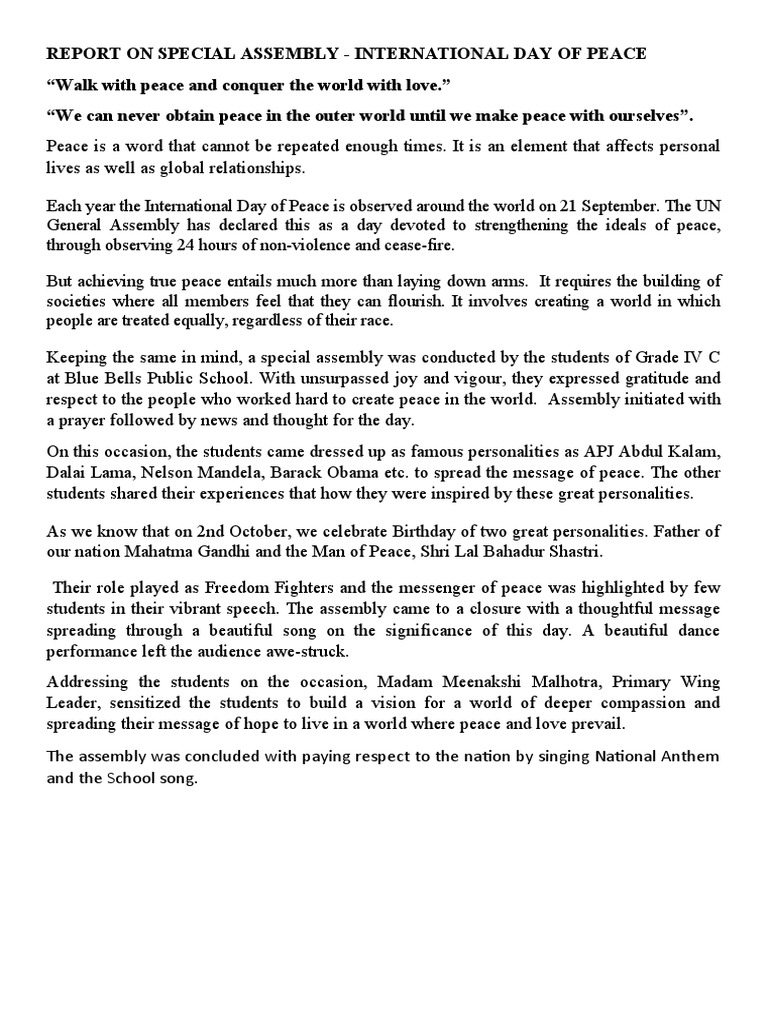 Report On Special Assembly - International Peace Day | PDF