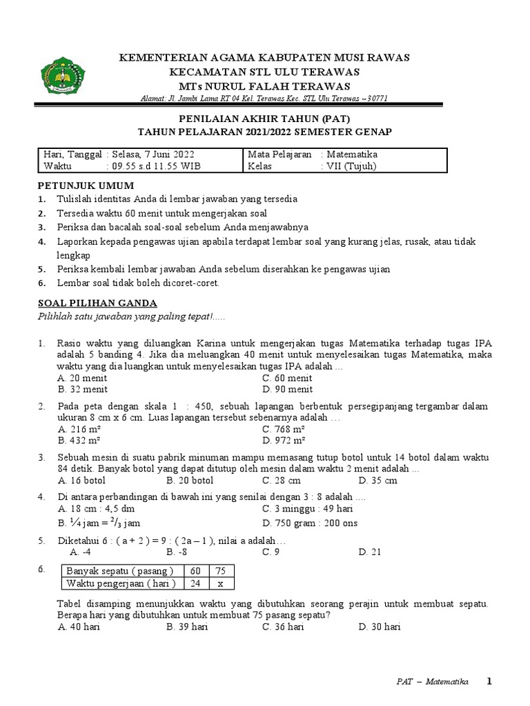 Soal PAT MTK Kelas 7 K13 (Websiteedukasi | PDF