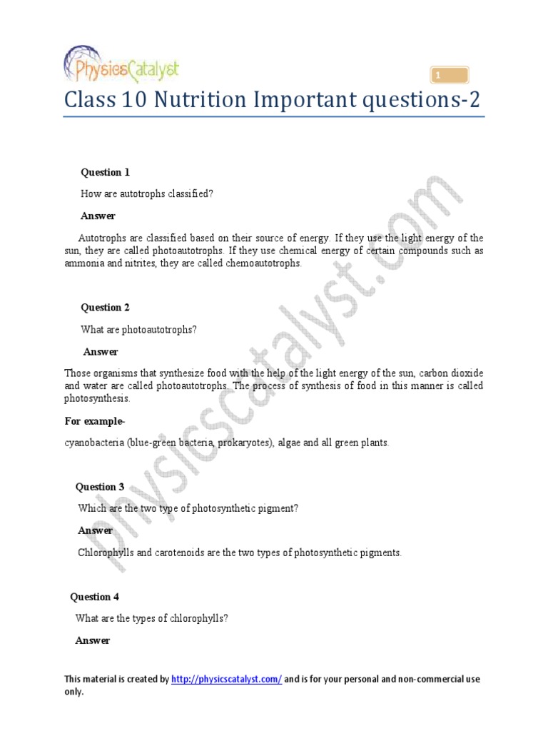 Class10 Nutrition Important Questions 2 | PDF | Photosynthesis | Human ...