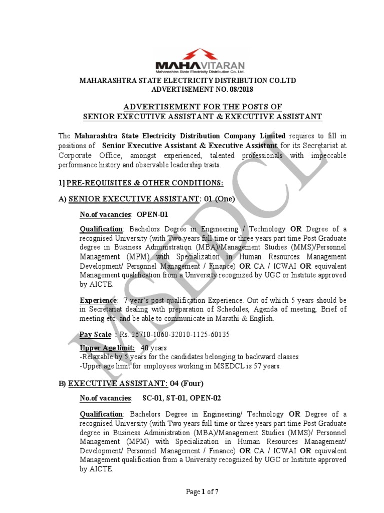 MSEDCL-Advt - No .08 2018 | PDF | Academic Degree | Recruitment
