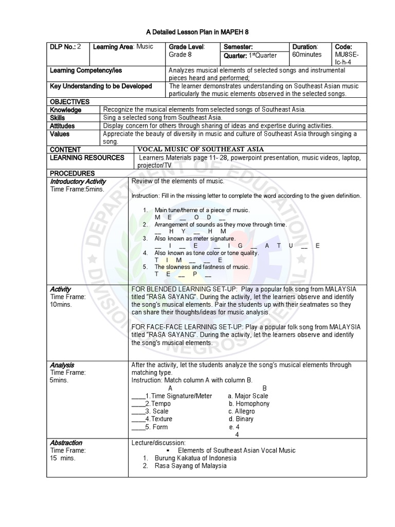 Music8 Q1 Dlp2 Pdf Learning Tempo