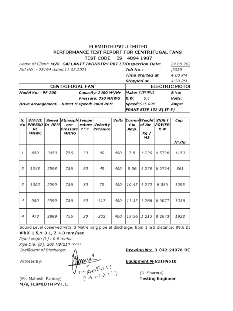 Centrifugal Fan Performance Test Report | PDF | Manufactured Goods ...