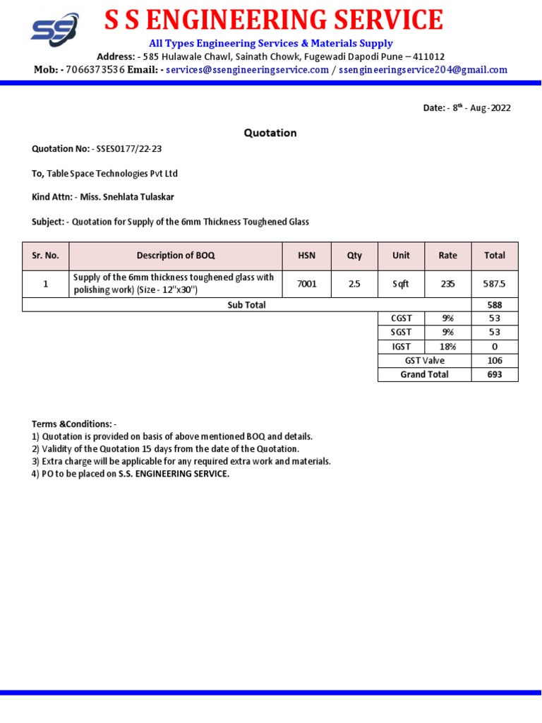Quotation For Supply of The 6mm Thickness Toughened Glass | PDF