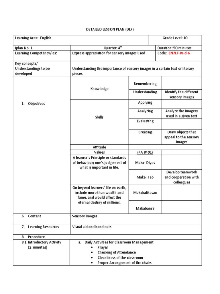 Sensory Imagery Lesson Plan for Grade 10 | PDF | Mental Image | Senses