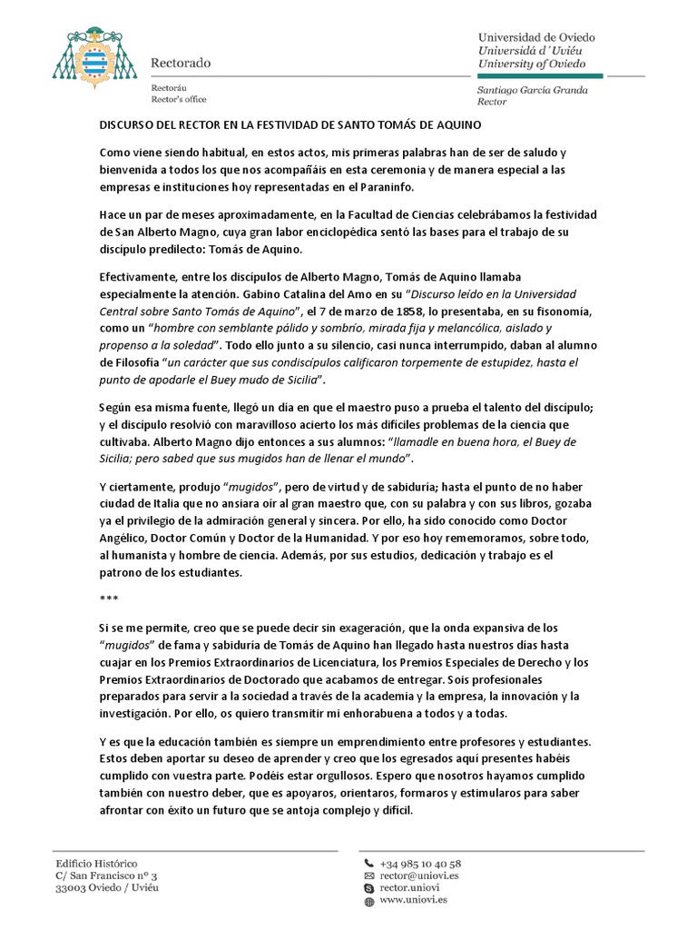 Discurso Del Rector en La Festividad de Santo Tomás de Aquino | PDF | Universidad | Método de ...
