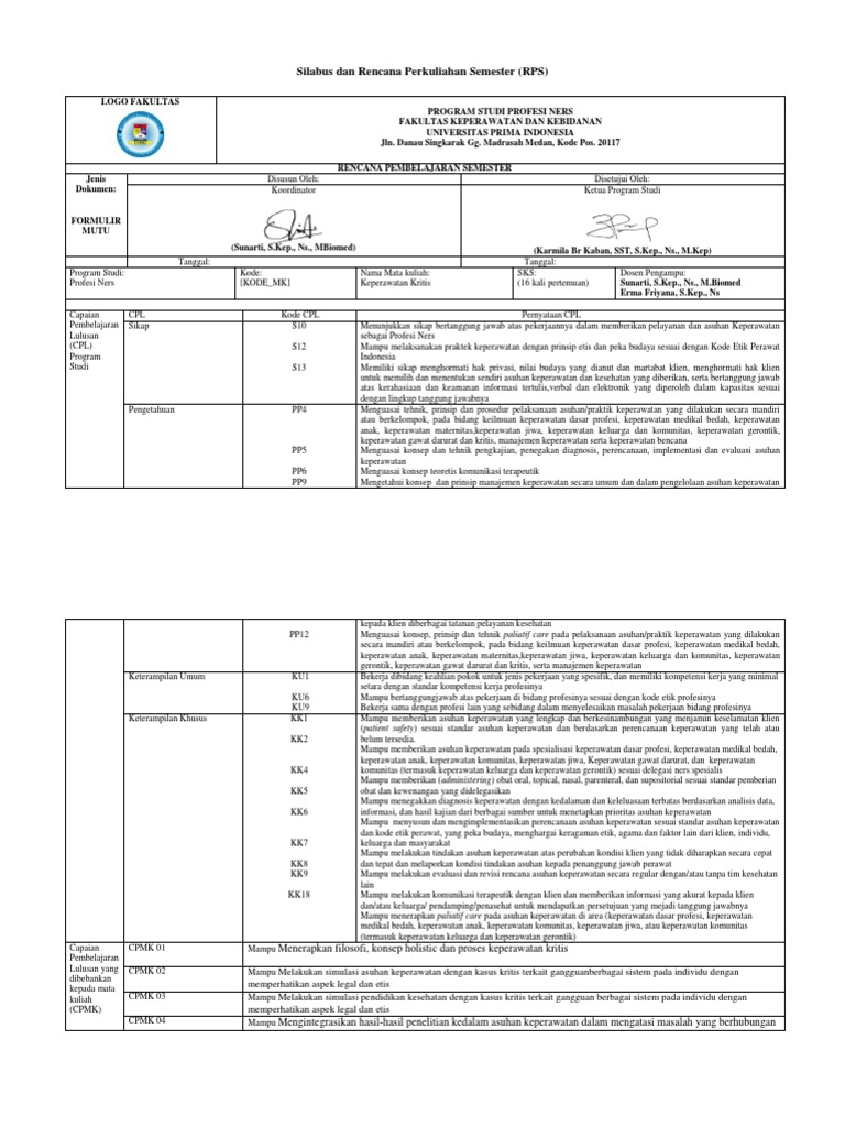 RPS Keperawatan Kritis | PDF | Pengembangan Diri | Sains & Matematika