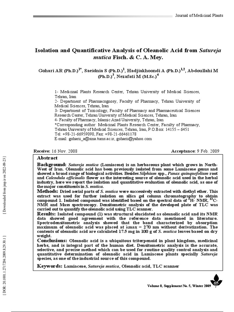 Isolation and Quantificative Analysis of Oleanolic Acid From Satureja ...