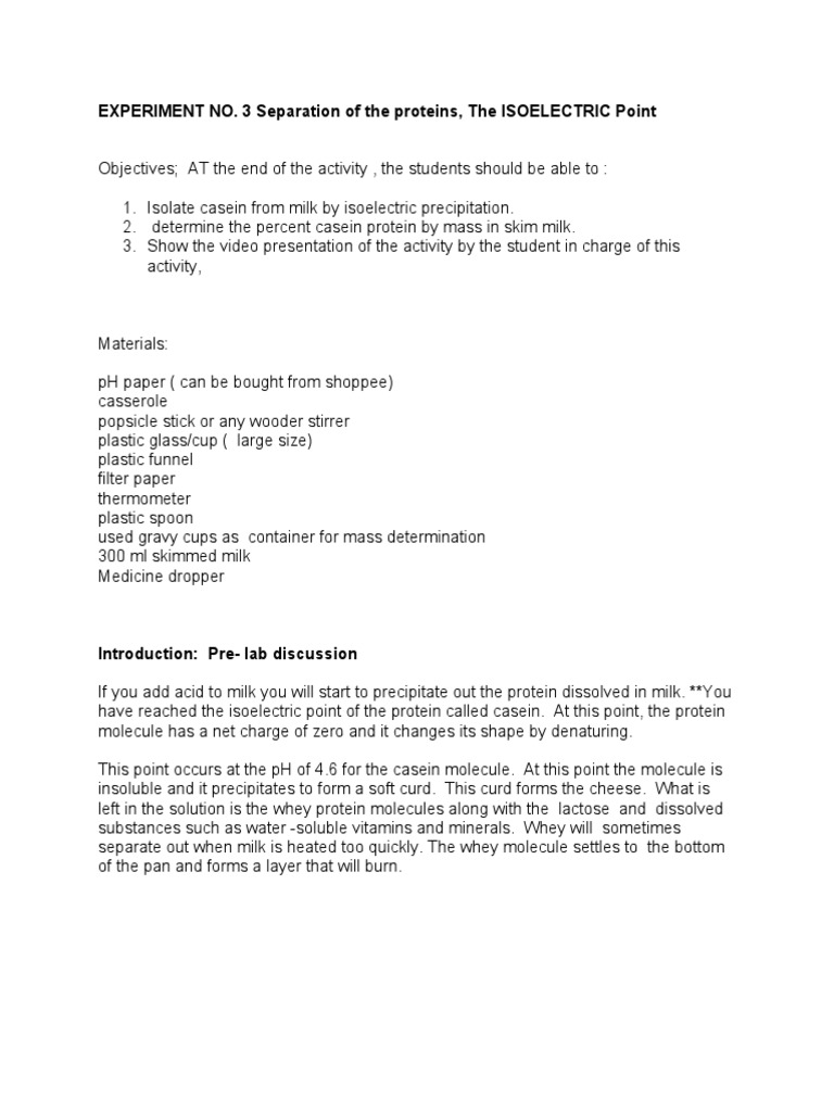 Isoelectric Precipitation of Casein from Milk | PDF | Milk | Solubility