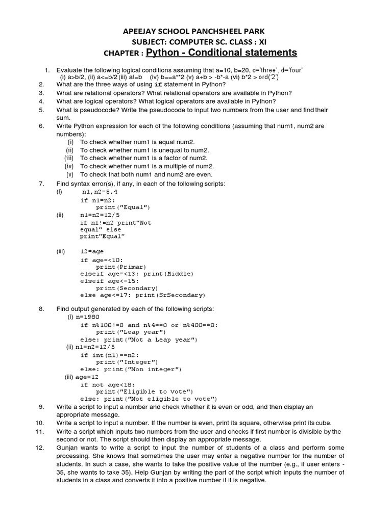 Wksht Computer Xi Conditional St Pdf Python Programming Language Computer Engineering