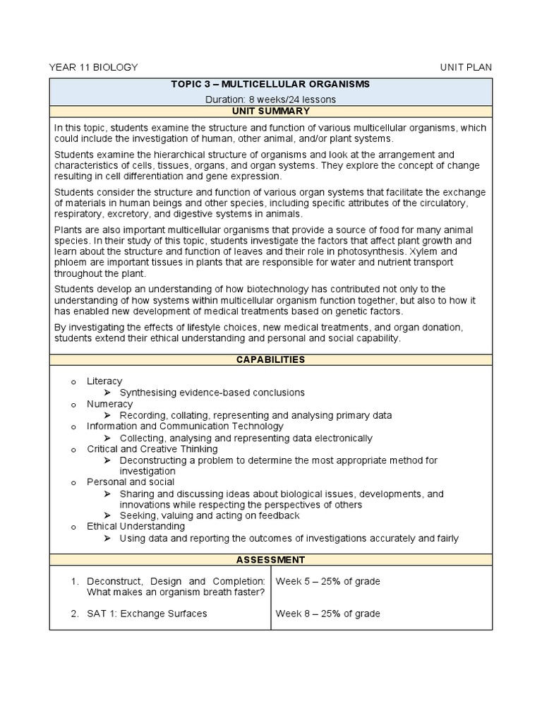 Year 11 Biology Unit Plan | PDF | Cell (Biology) | Organisms