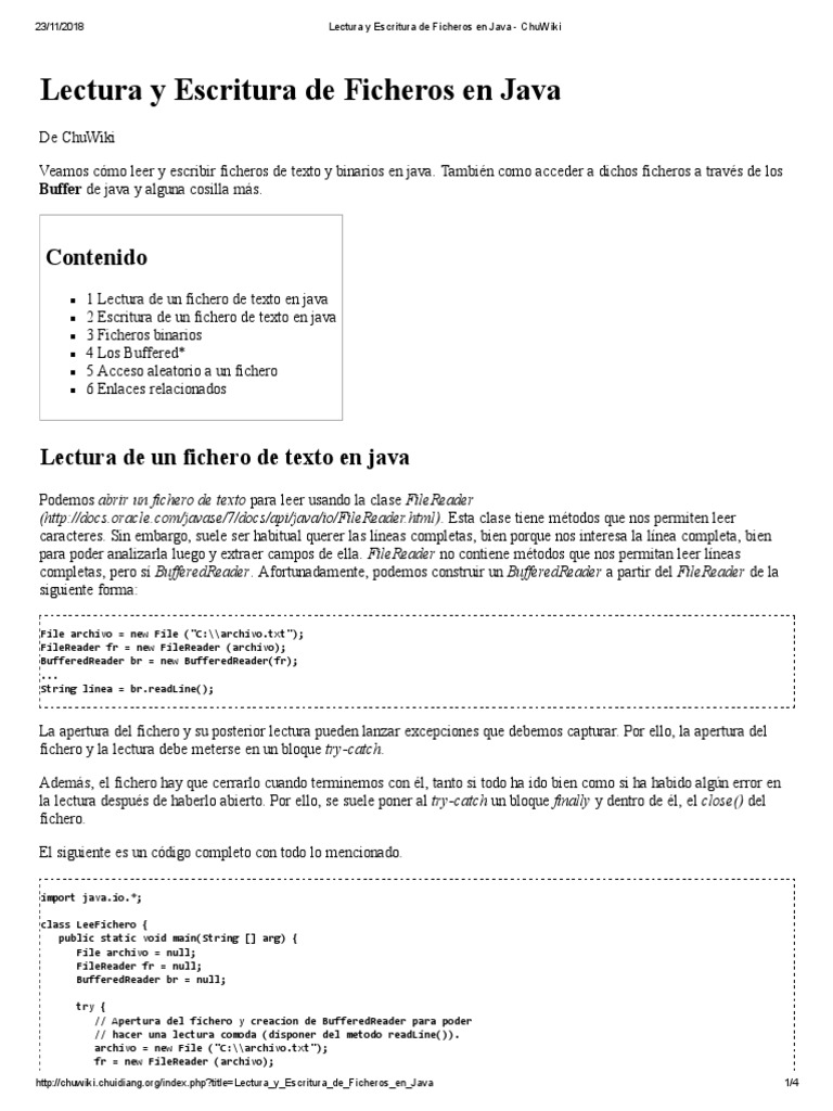 Lectura y Escritura de Ficheros en Java - ChuWiki | PDF | Archivo de computadora | Java ...
