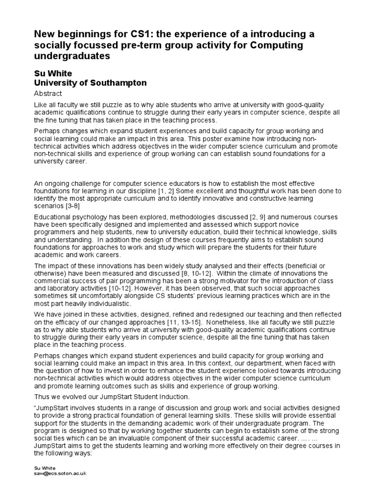 Saw Acm Sigcse 2005 Poster Pdf Experience Curriculum