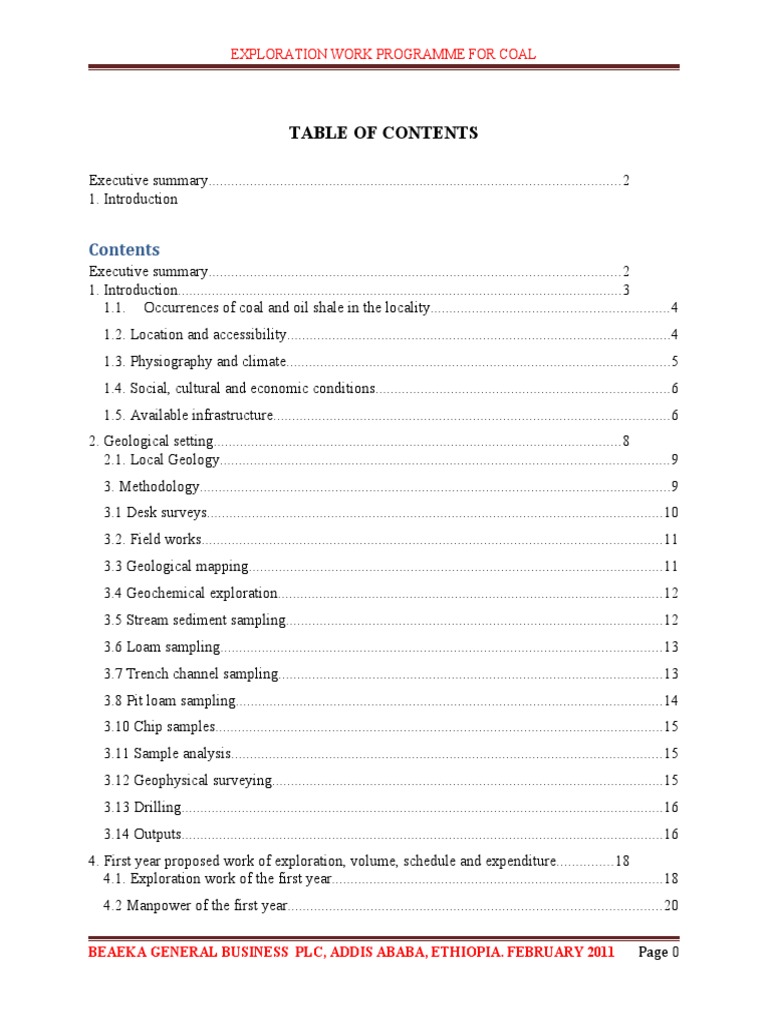 Beaeka General Business PLC Exploration Work Programme For Coal | PDF | Coal Mining | Geology