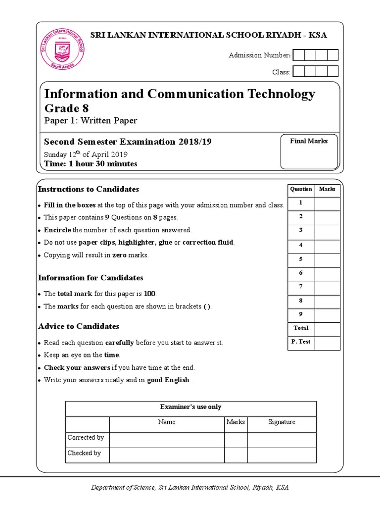 Grade 8 ICT Exam Instructions 2019 | PDF | Databases | Computer Data ...