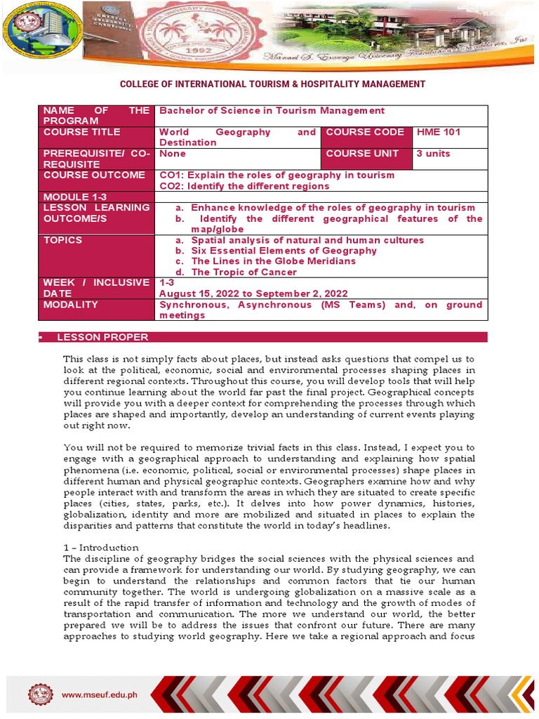 Course Module World Geography Prelim | PDF | Geography | Geographic Information System