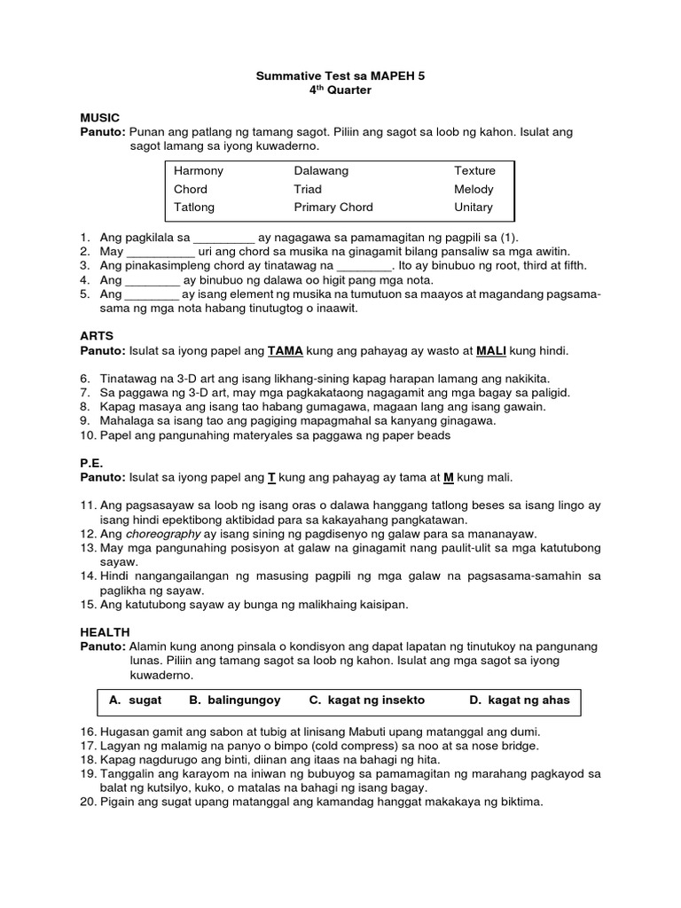 Summative Test in MAPEH 5 | PDF