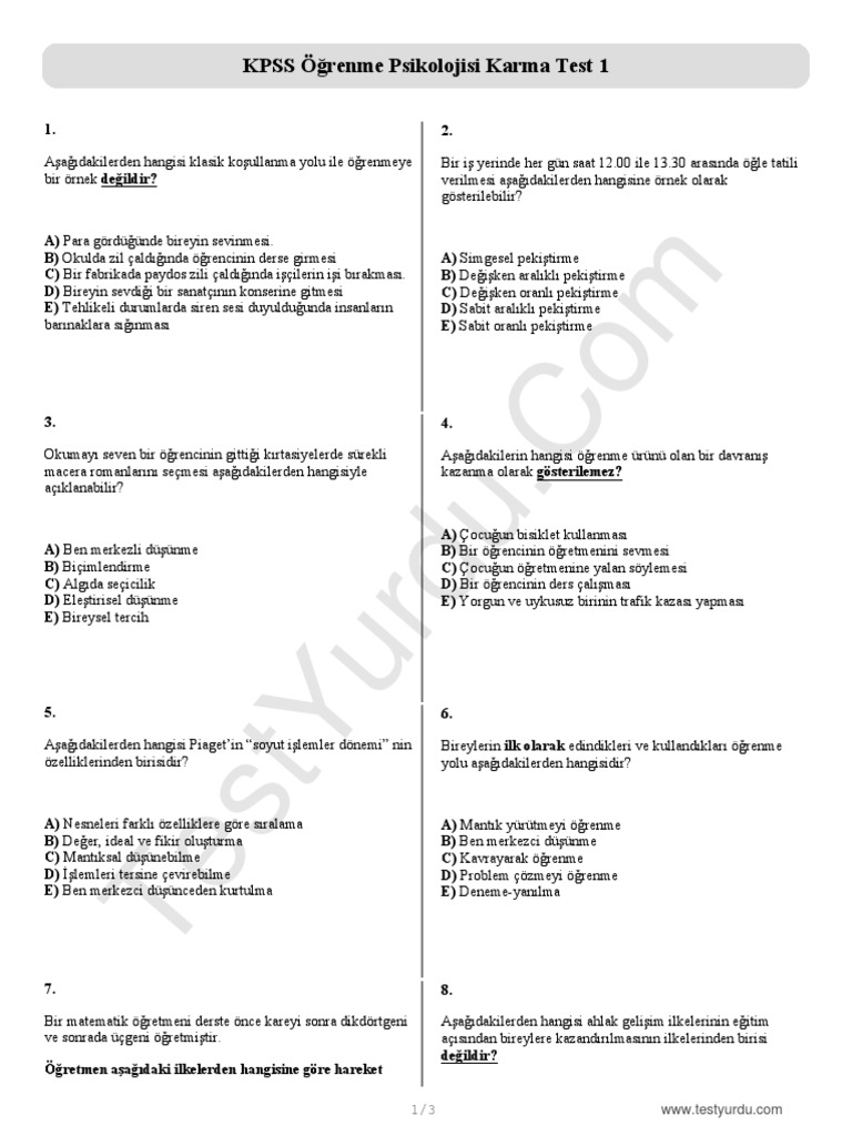 Kpss Ogrenme Psikolojisi Karma Test 1 | PDF