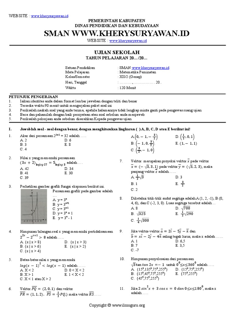 SOAL US MTK PEMINATAN KLS 12 - WWW - Kherysuryawan.id | PDF | Metode ...