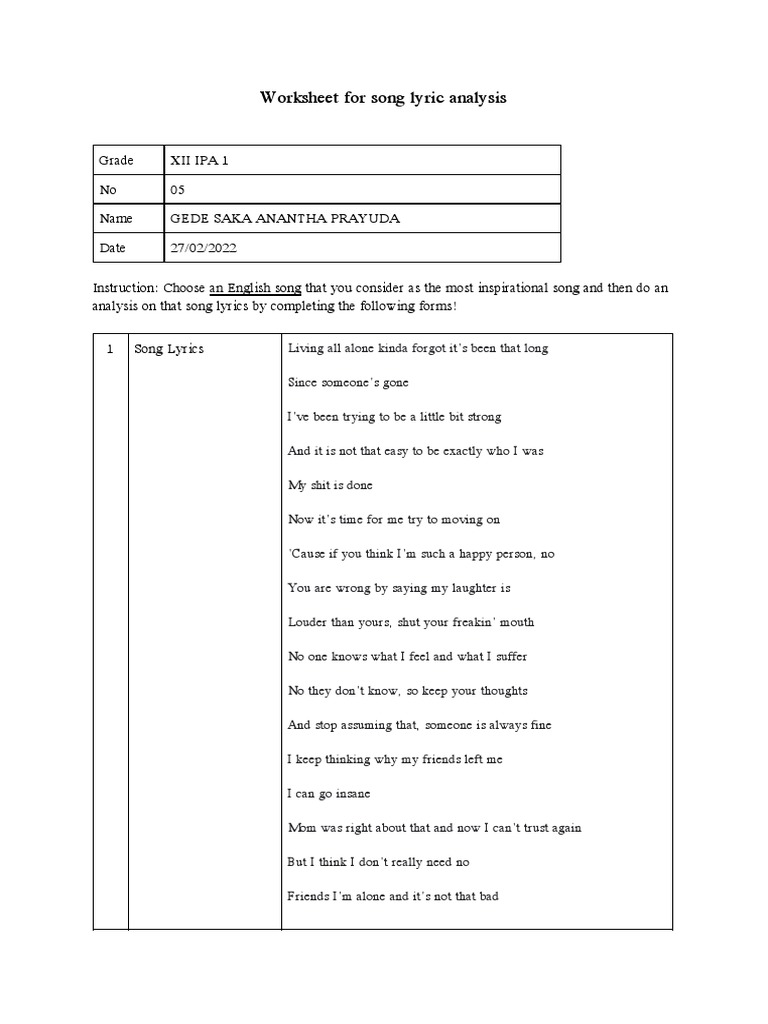 Song Lyric Analysis Worksheet | PDF