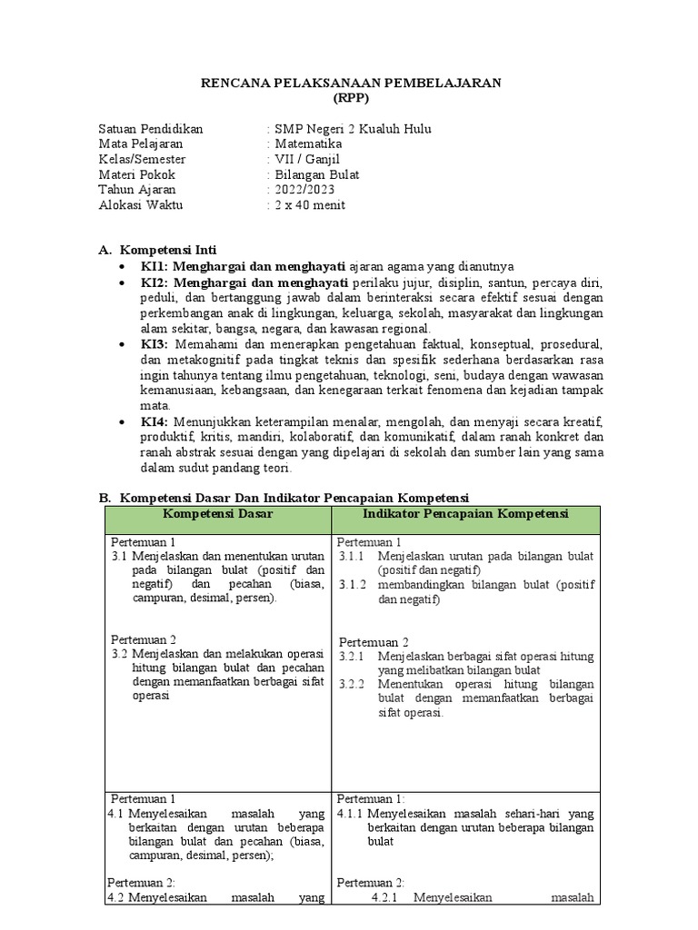 RPP - Matematika Kelas 7 Materi Bilangan Model PBL | PDF | Karier ...