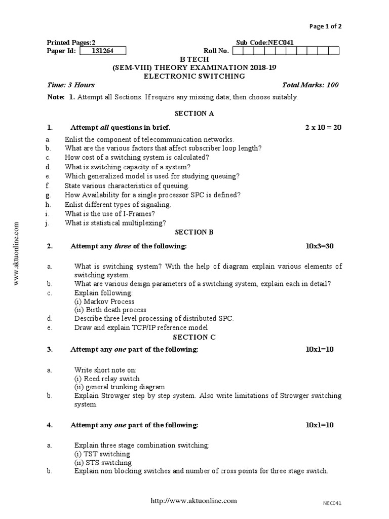 Btech Ec 8 Sem Electronic Switching Nec041 2019 | PDF | System | Central Processing Unit