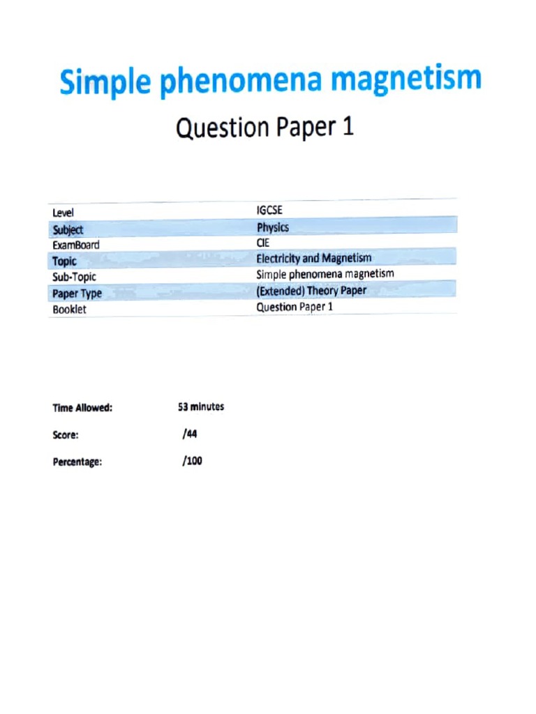 Simple Phenomena Magnetism: Analysis of a Question Paper Regarding Magnetic Fields and Forces ...