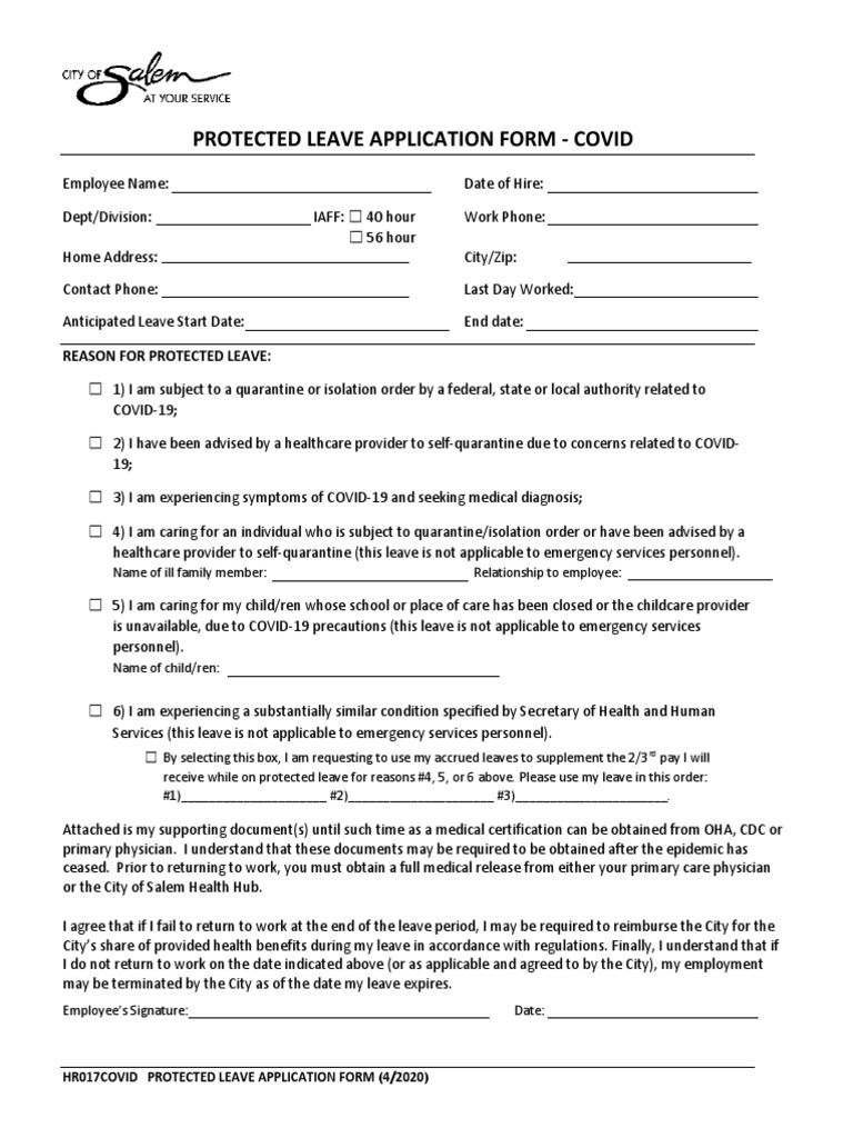 COVID Protected Leave Application Form | PDF | Quarantine | Employment